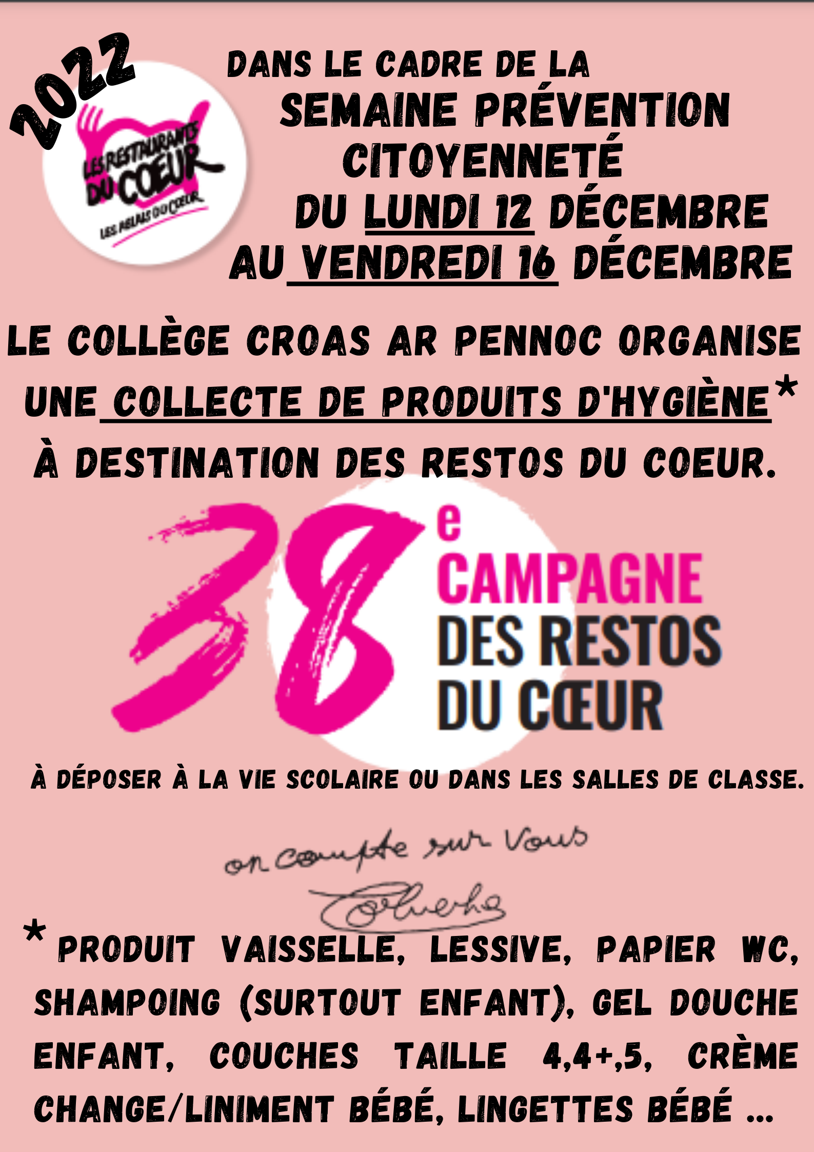 Collecte Resto du coeur 2022-2023 - Collège Croas ar Pennoc